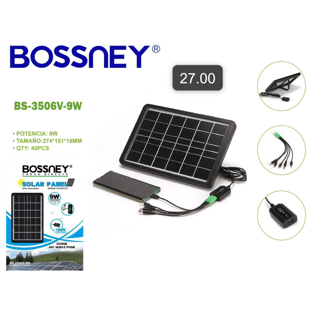 PANEL SOLAR PARA CARGAR CELULAR 9W BOSSNEY BS-3506V | BIGSHOP